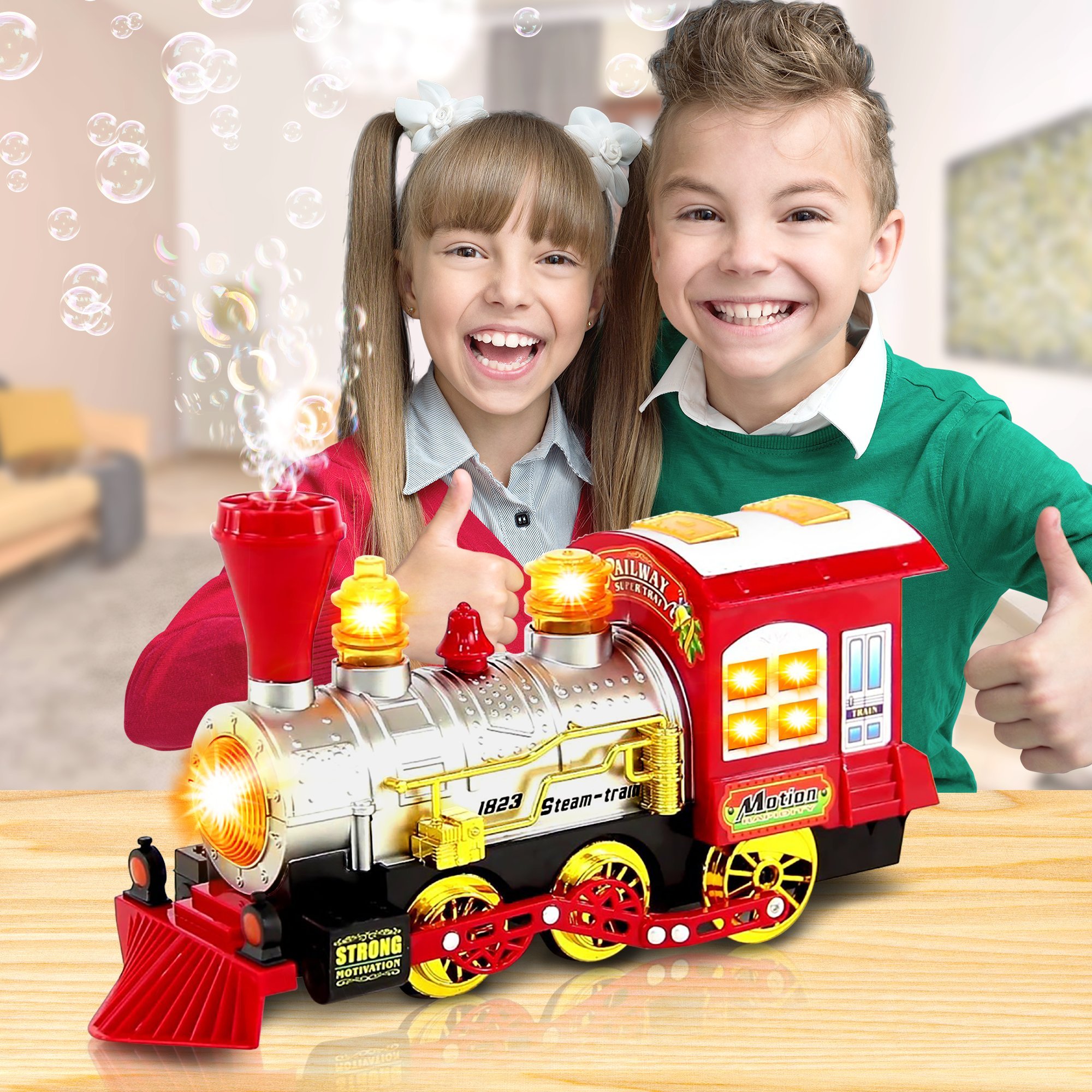 Bubble Blowing Toy Train with Lights & Sounds, Bump and Go Toddler Train Toys for Around The Tree, Kids Bubble Machine, for Boys & Girls Ages 1-6