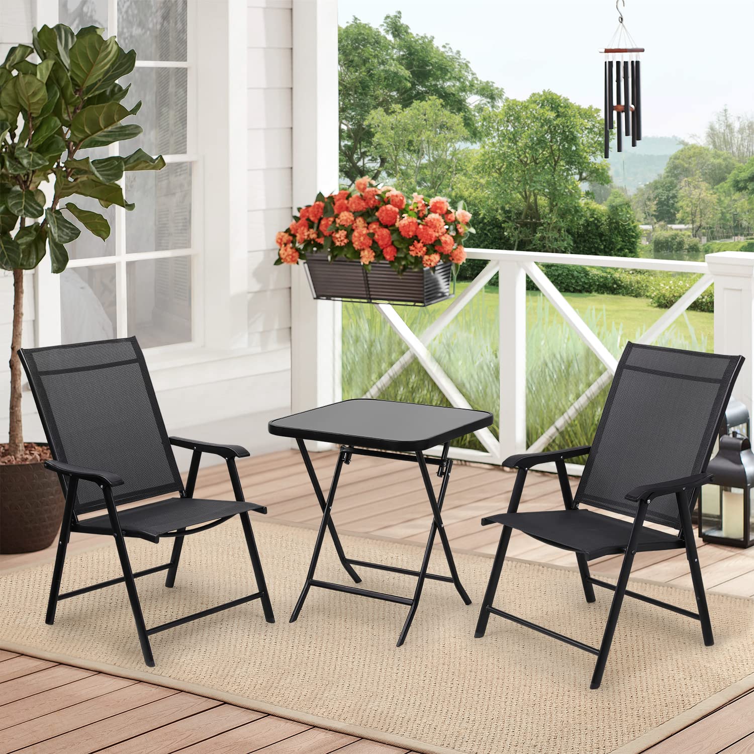 MoNiBloom Set of 2 Patio Outdoor Folding Chairs, Portable Dining Chairs with Armrest for Outside Garden Camping Backyard Poolside Beach Deck, Black