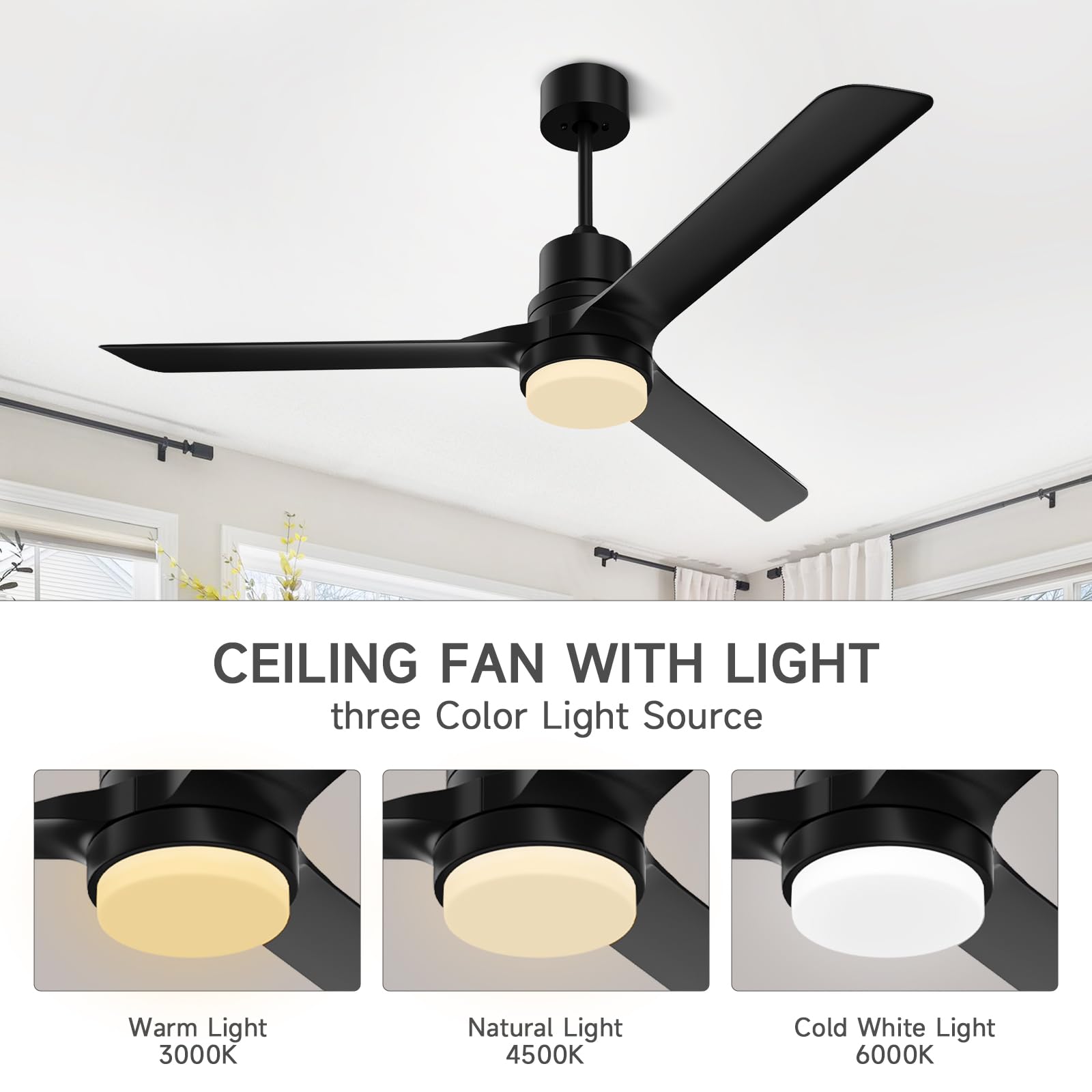 alescu Ceiling Fans with Lights and Remote,52”Black Indoor and Outdoor Ceiling Fan,Modern Ceiling Fans with Reversible DC Motor for Patio Living Room, Bedroom