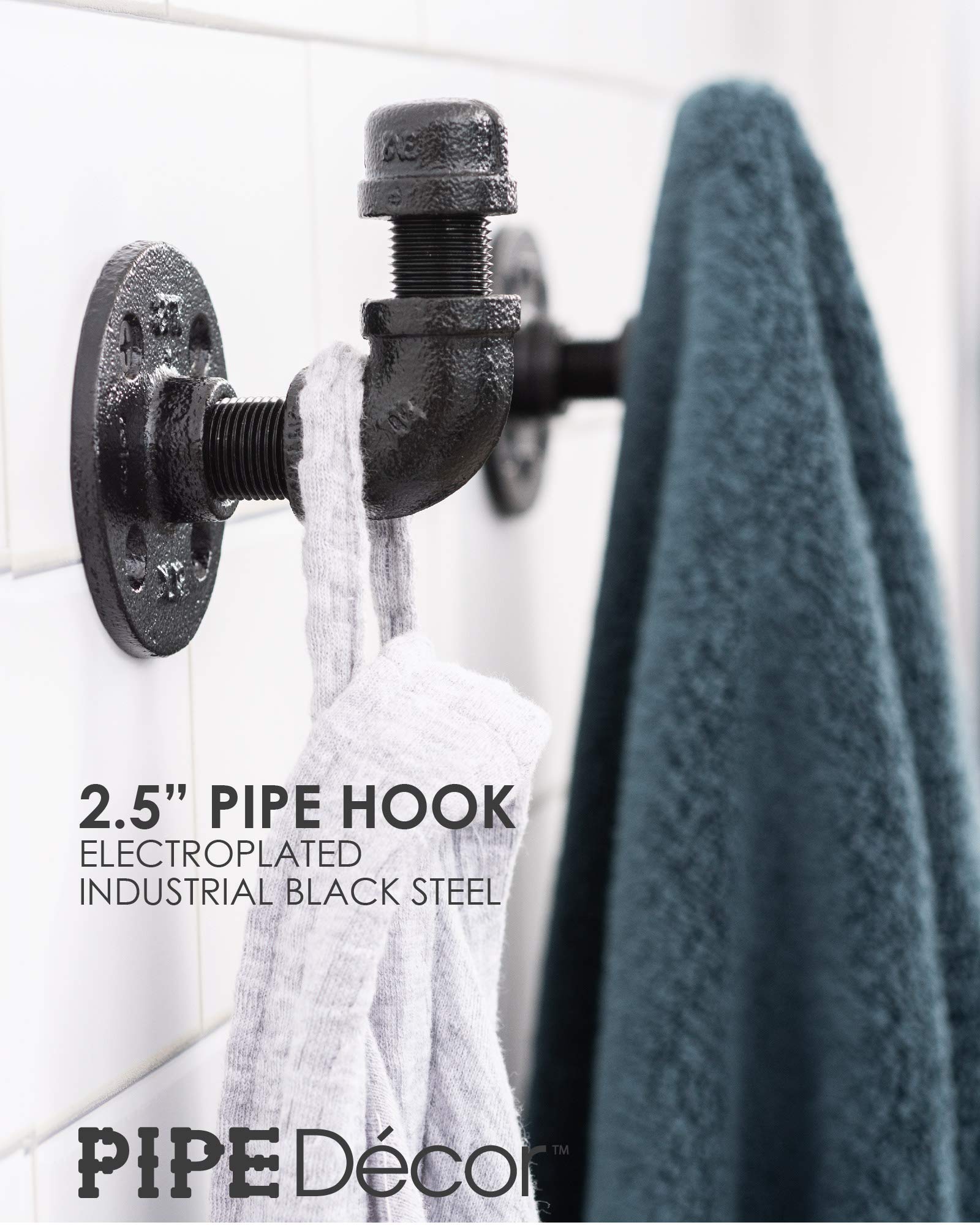 Towel and Robe Hook Set by Pipe Decor, Heavy Duty DIY Style, Rustic and Chic Industrial Iron Pipe Electroplated Black Finish, 3 Hooks Perfect for Bathroom Towels, Robes, or Coats, Oil and Rust Free