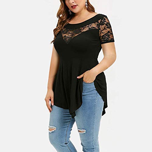 Chvity Women Summer Elegant Blouses O-Neck Short Sleeve Lace Tunics for Summer Shirt Tops 1X Black