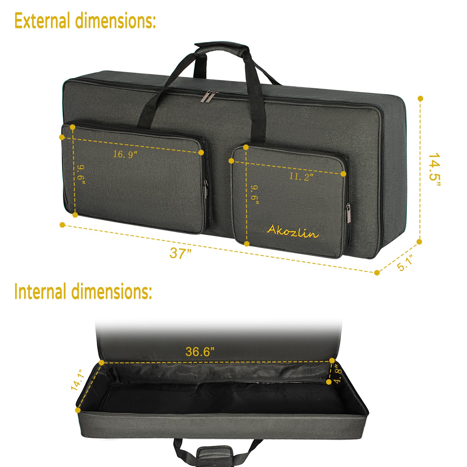 AKOZLIN 49-Key Keyboard Bag Portable Padded Keyboard Case,36.6”×14.2”×4.8” Electric Piano Keyboard Gig Bag Also Fits 54 Note Keyboard (Black)