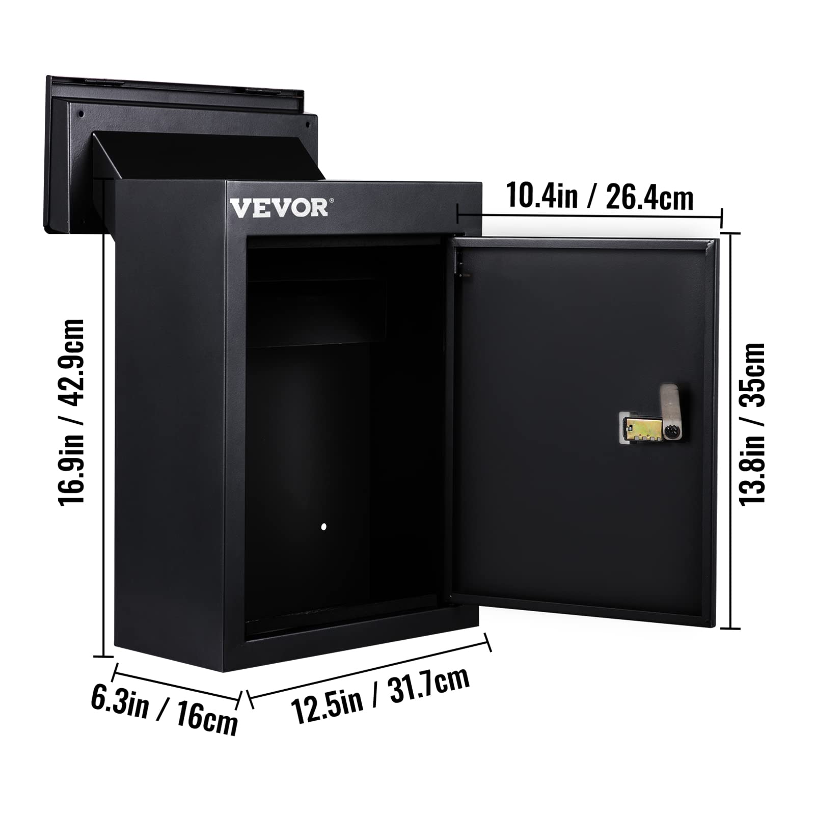 VEVOR Through The Wall Drop Box, 12.5''x6.3''x16.9'' Mail Drop Box w/Adjustable Chute, Deposit Drop Box w/Code Lock, Rainproof Wall Mount Mailbox for Letters, Rents, Check & Keys, Home & Office, Black