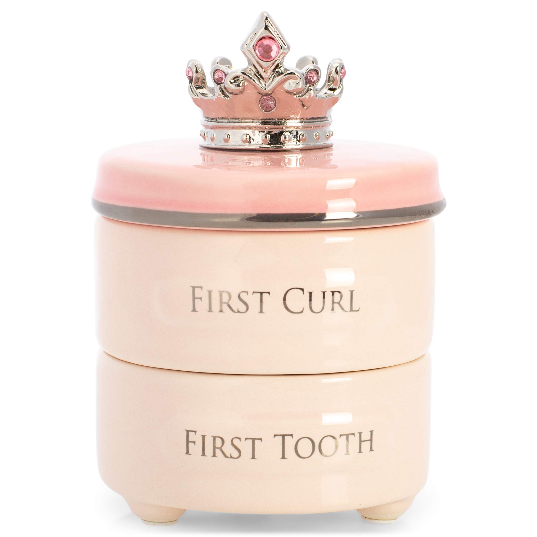 DEMDACO First Tooth and Curl Pink Ceramic Stoneware Children's Stackable Keepsake Box, 1 Count (Pack of 1)