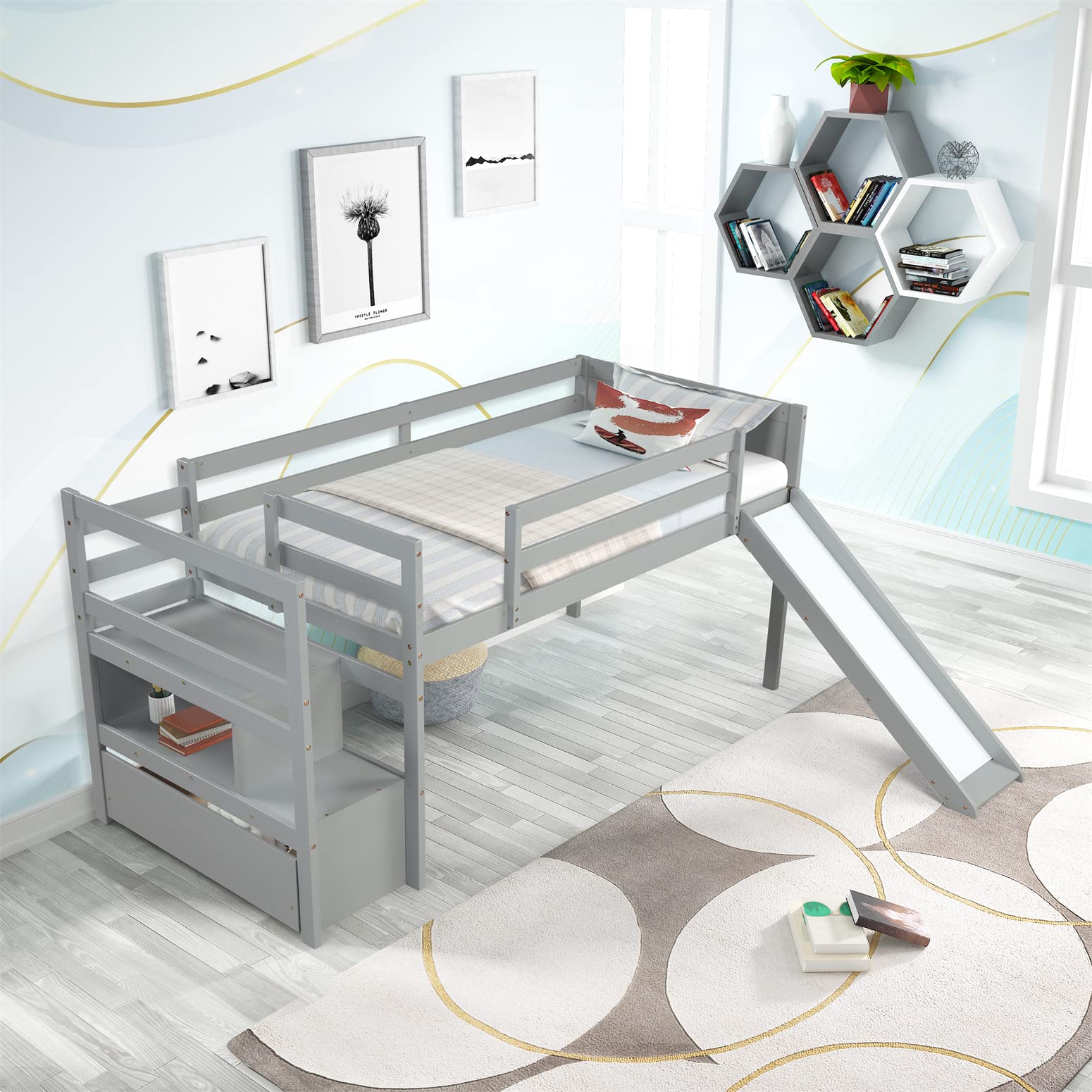 Low Loft Bed with Slide and Stairs Twin Loft Bed with Storage Wood Bed Frame for Kids Teens Girls Boys， Gray