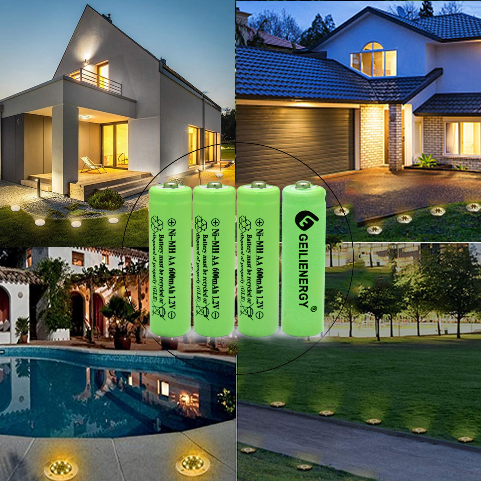 GEILIENERGY 12 Pack NiMH AA 600mAh 1.2V Solar Light AA Ni-mh Rechargeable Batteries for Solar Lights, Garden Lights, Remotes, Mice