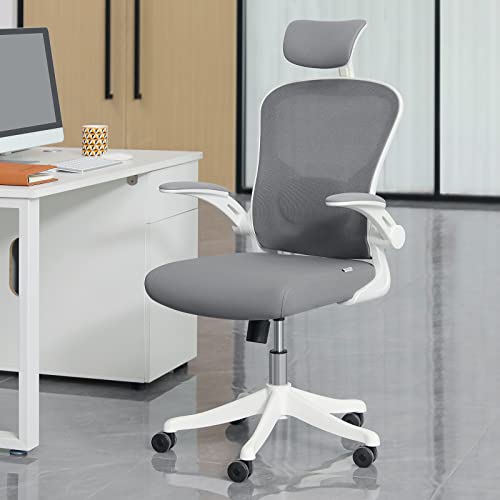 HOFFREE Ergonomic Office Chair High Back Executive Mesh Desk Chair with Adjustable Lumbar Support Headrest and Flip-up Armrest Swivel Task Chair for Home Office Chair Grey and White