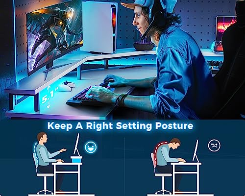 Coleshome L Shaped Gaming Desk with LED Lights & Power Outlets, Reversible 56" Computer Desk with Full Monitor Stand & Storage Shelves, Ergonomic Home Office Corner Desk, White