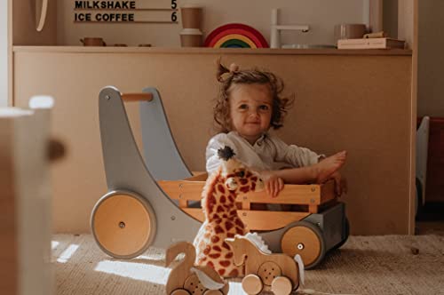 Kinderfeets 2-in-1 Wooden Cargo Walker Cart Wagon with Adjustable Rubber Wheels and Removable Basket for Children and Toddlers (Blue)