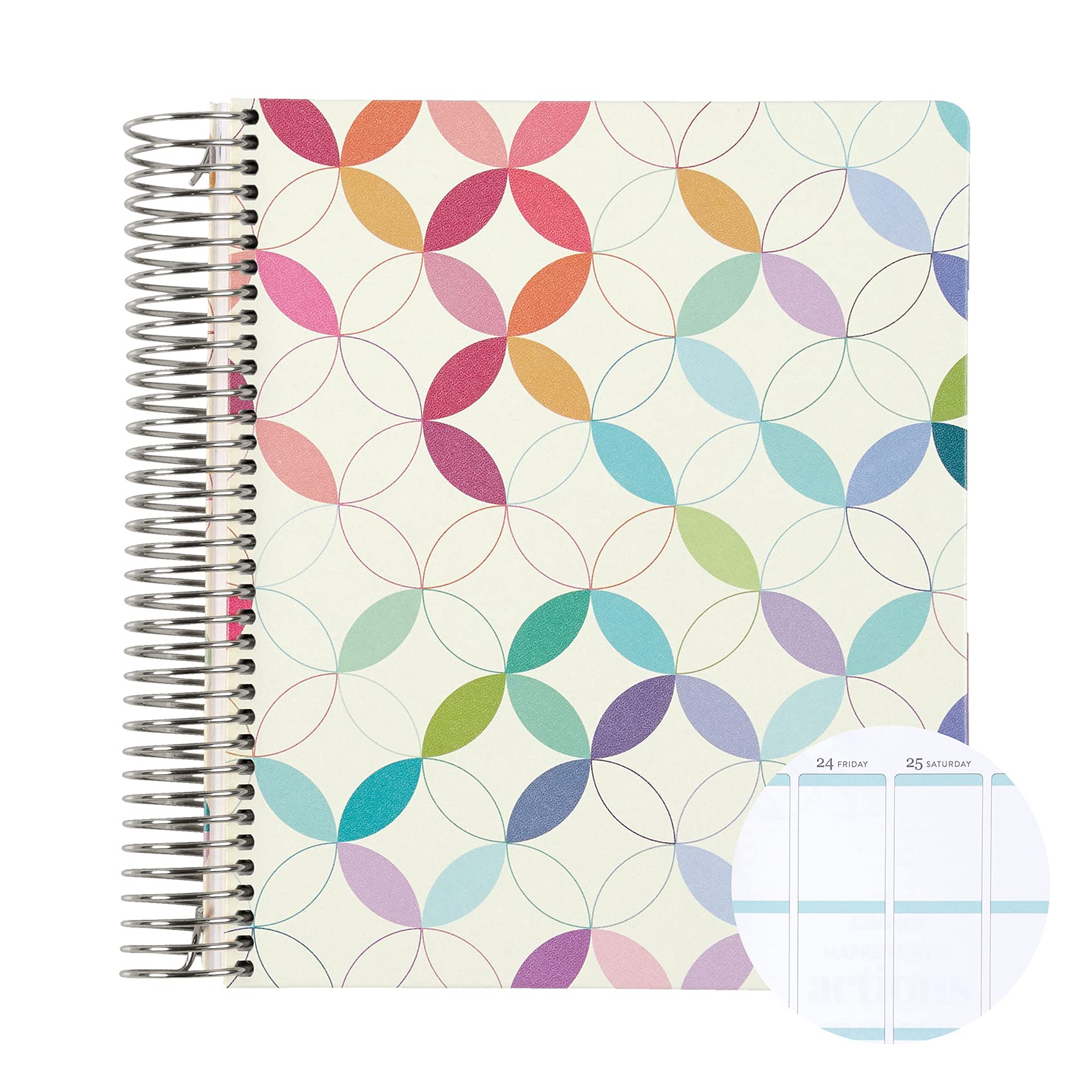 7” x 9” 12 Month Spiral Bound Life Planner ( Jan 2022 – Dec 2022 ) – Mid Century Circles Vegan Leather Cover + Mid Century Circles Interior Pages. Vertical Weekly and Monthly Agenda by Erin Condren.