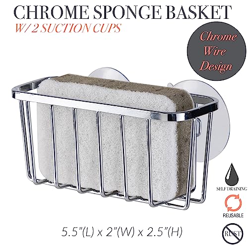 Kitchen Details Suction Cup Mount Sponge Holder | Sink Organizer | Compact Basket | Self-Draining | Chrome