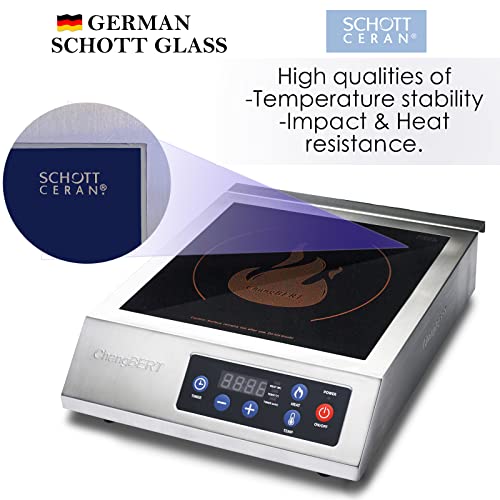 ChangBERT Induction Cooktop 1800W NSF Certified Commercial Grade Durable Countertop Burner Pro Chef Professional 18/10 Stainless Steel Housing Schott Glass 10-Hour Timer