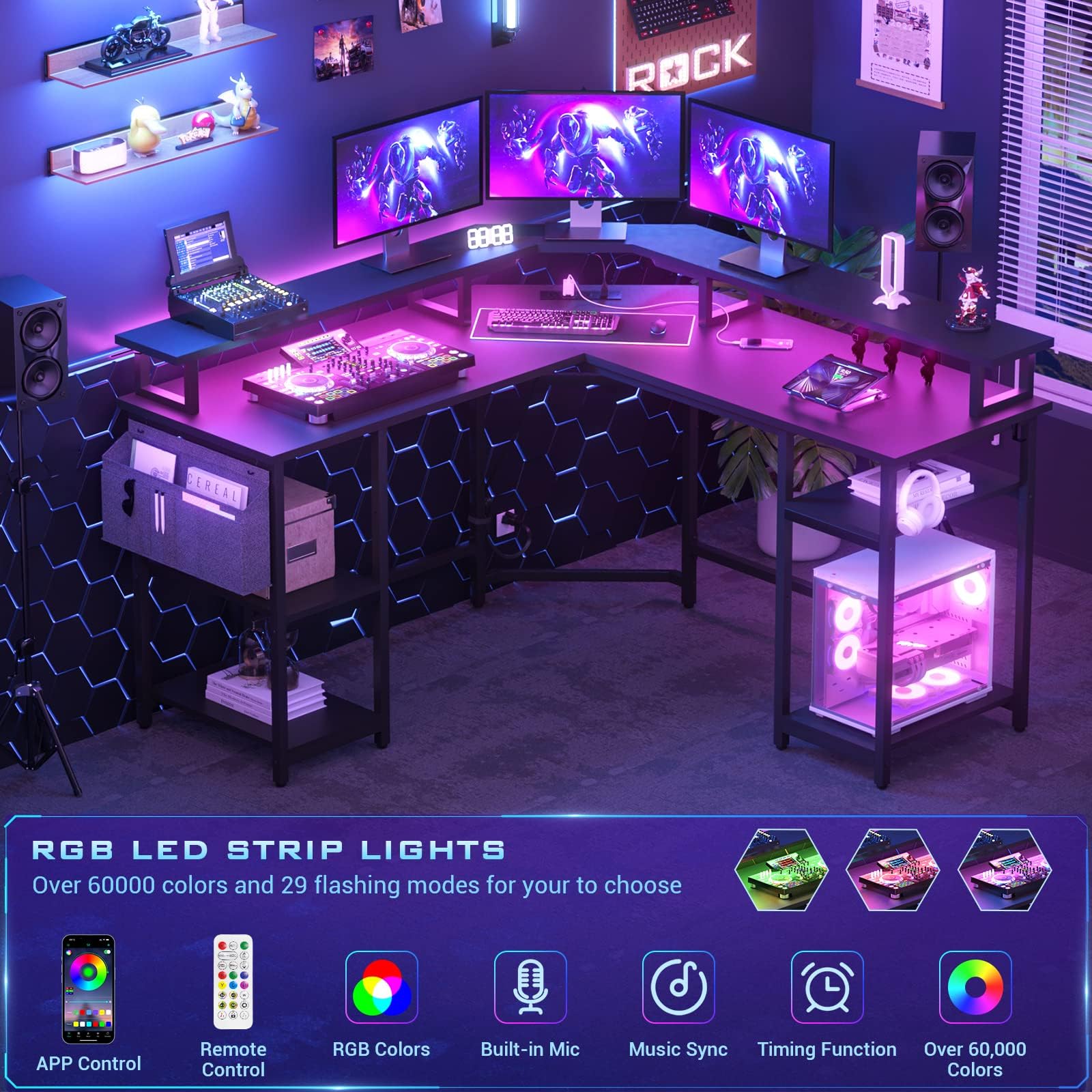 Aheaplus L Shaped Gaming Desk with Power Outlets & LED Lights, L- Shaped Desk Computer Corner Desk with Monitor Stand and Storage Shelf, Home Office Desk Writing Desk with Storage Bag, Black