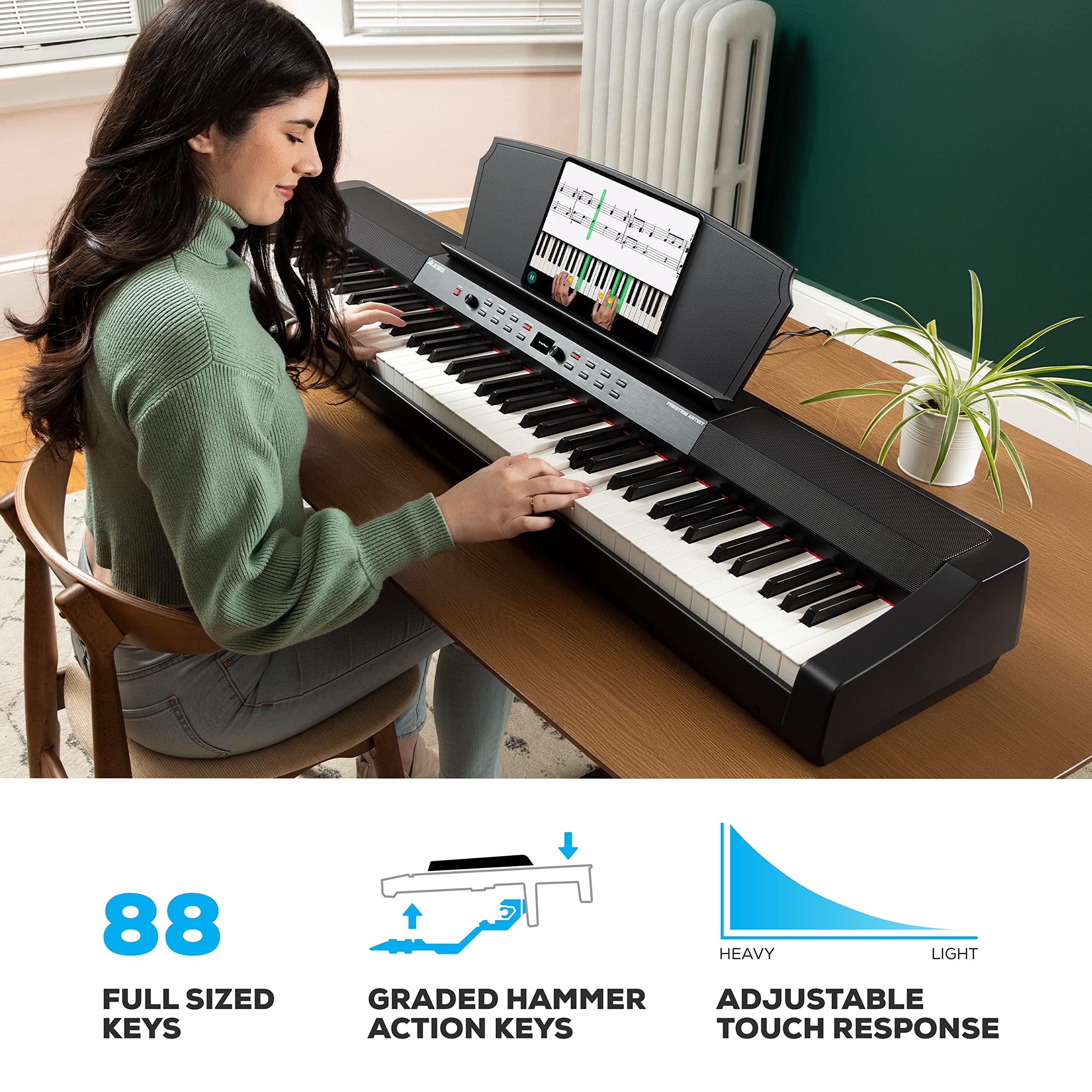 Alesis Prestige Artist 88 Key Digital Piano + RockJam Xfinity Heavy-Duty, Double-X, Pre-Assembled, Infinitely Adjustable Piano Keyboard Stand with Locking Straps