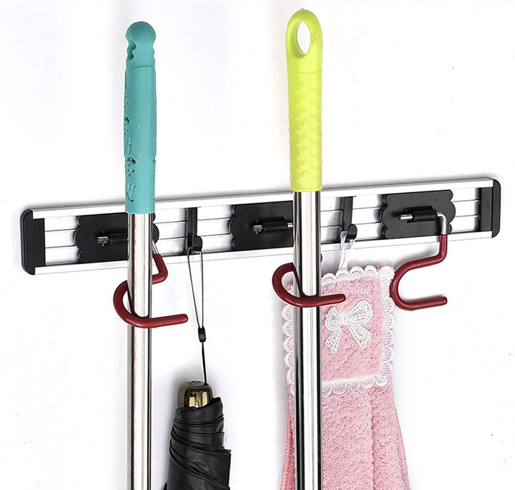 Mop Broom Holder Wall Mount QBOSO Aluminum Metal S Type Cleaning Tool Organizer Hanger Rack for Kitchen Garage Garden Holds Up to 5 Tools 17 In (3 Positions 2 Hooks Red black)