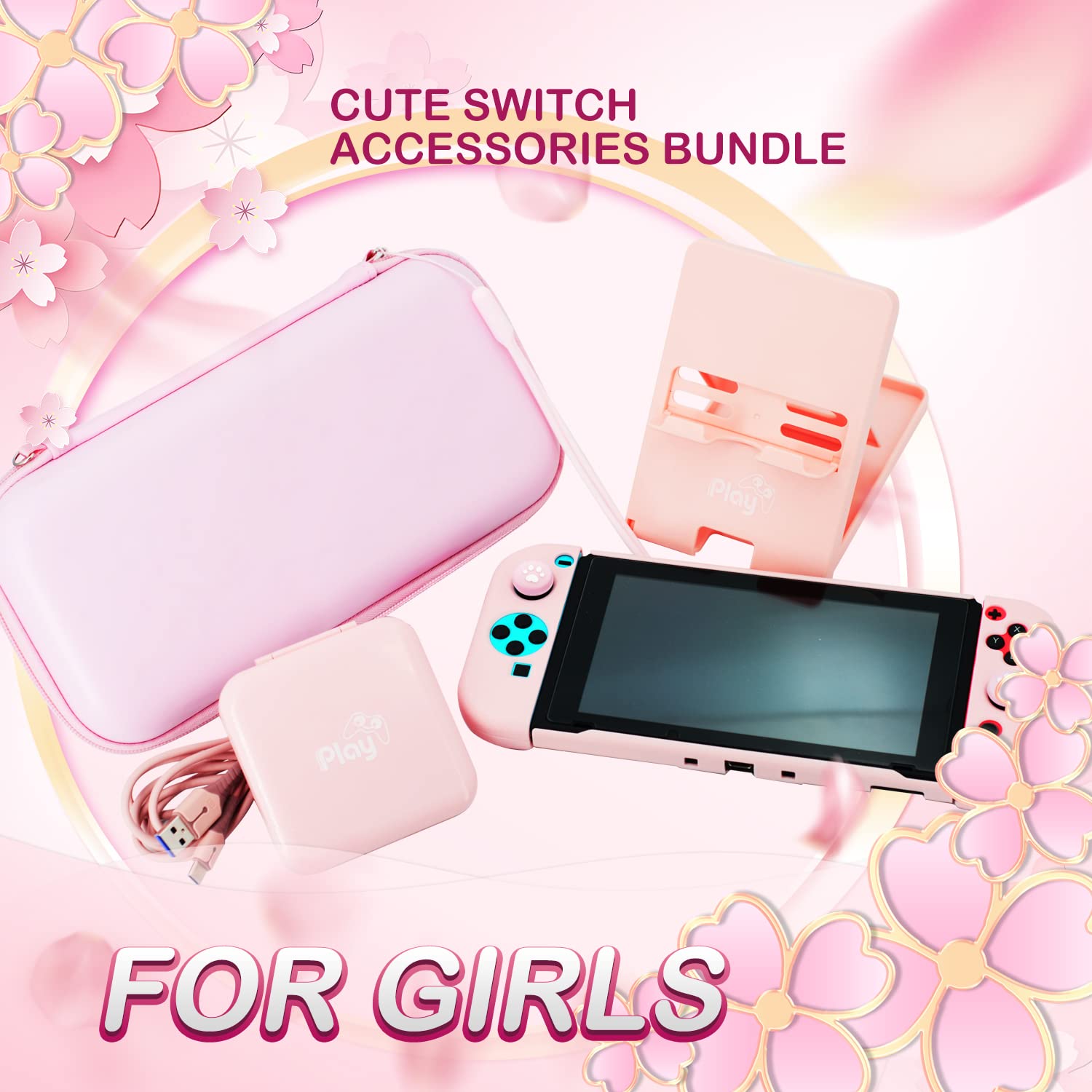 PlayM Pink Carrying Case & Accessories Bundle for Nintendo Switch, Cute Accessories Kit with Protective Cover, Screen Protector, Adjustable Stand, Game Card Case, Thumb Grips & Charger Cable for Girls