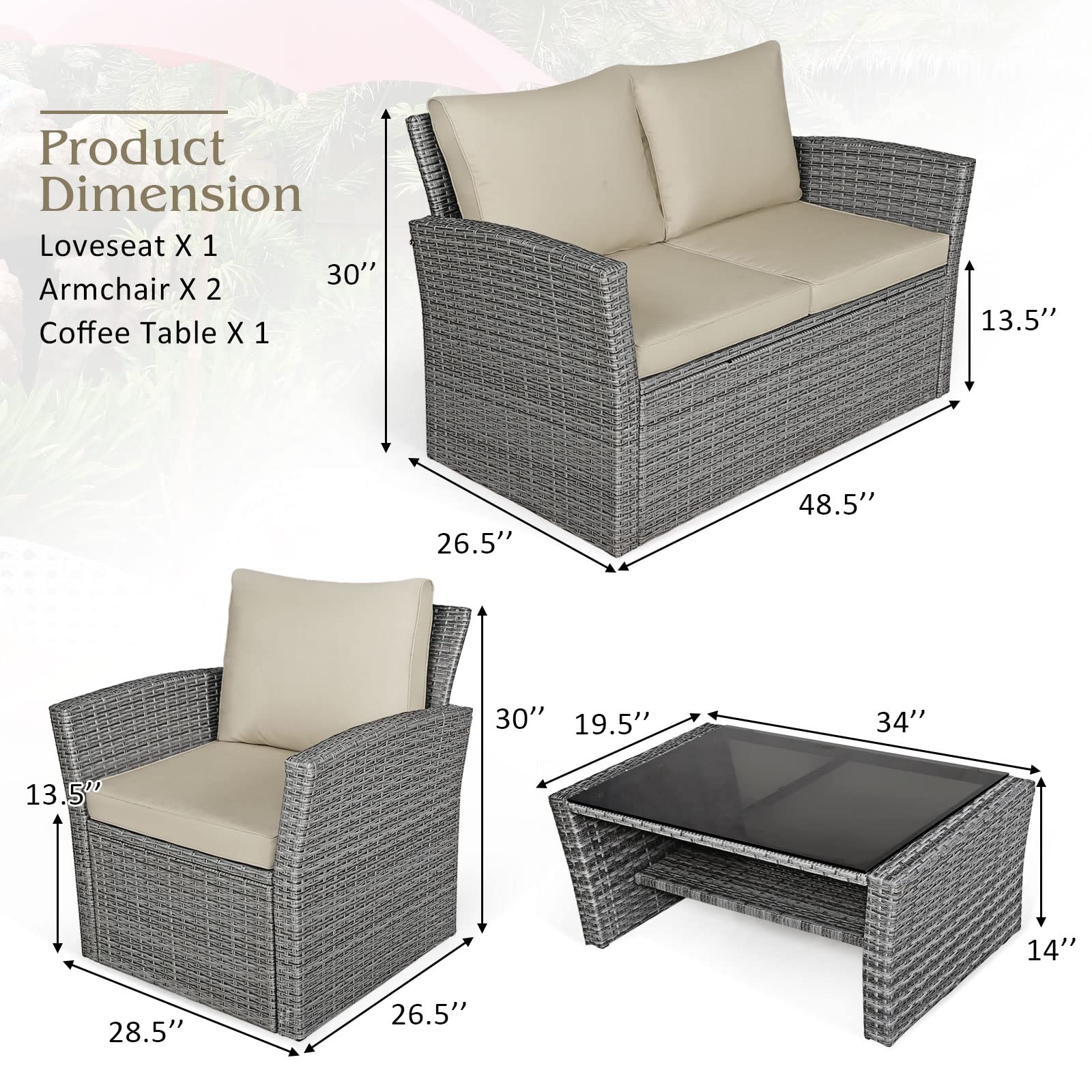 Tangkula 4 Pieces Patio Furniture Set, All Weather Outdoor Sectional Rattan Sofa Set with Cushions & Tempered Glass Table, Wicker Conversation Couch Set for Backyard Garden Poolside