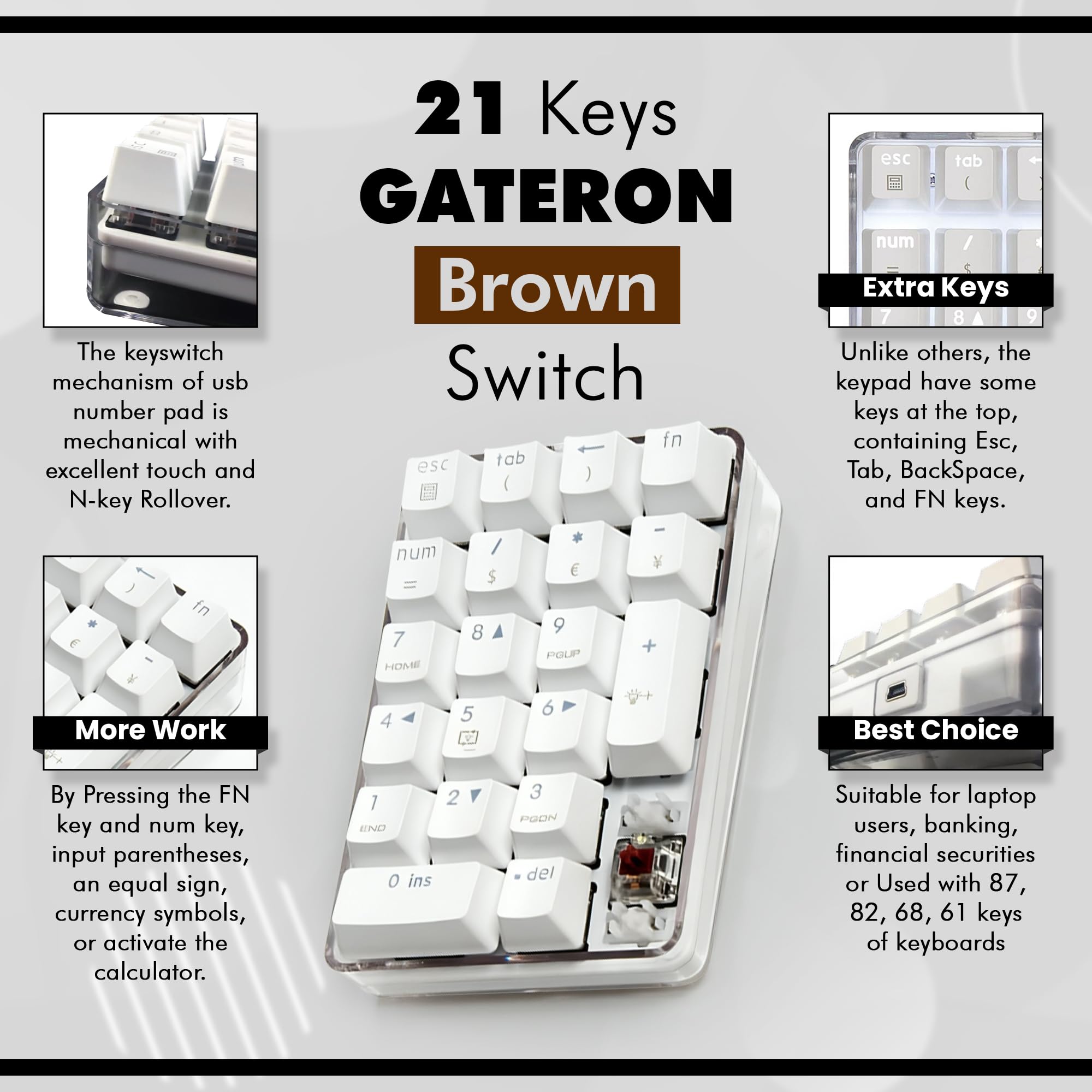 Qisan Mechanical Numeric Keypad GATERON Brown Switch Wired Crystal Case White Backlit Gaming Keypad 21 Keys Mini Numpad Portable Mechanical Numpad Extended | Laptop Accessories | keypad for Computer
