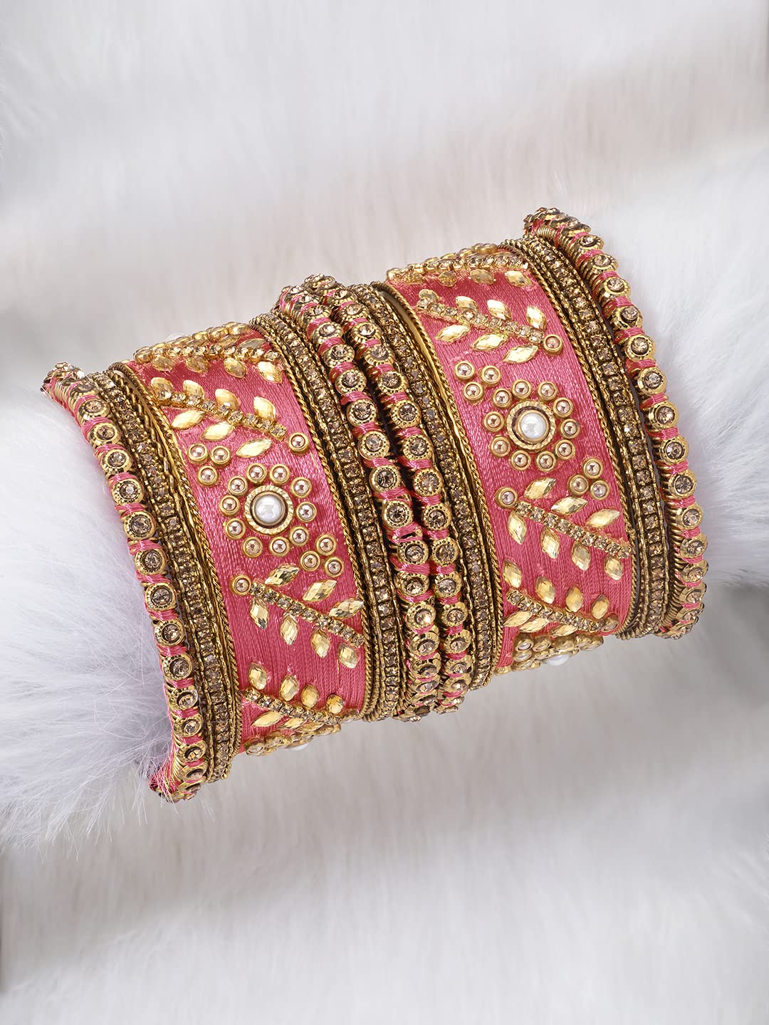 Aheli Traditional Wedding Designer Silk Thread Faux Stone Studded Bridal Bangle Set Chuda Indian Ethnic Bollywood Fashion Jewelry for Women (Pink)