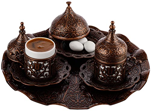 DEMMEX 2023 Turkish Greek Arabic Coffee Full Set with Cups Saucers Lids Sugar Bowl Tray and Copper Coffee Pot, 12 Pcs