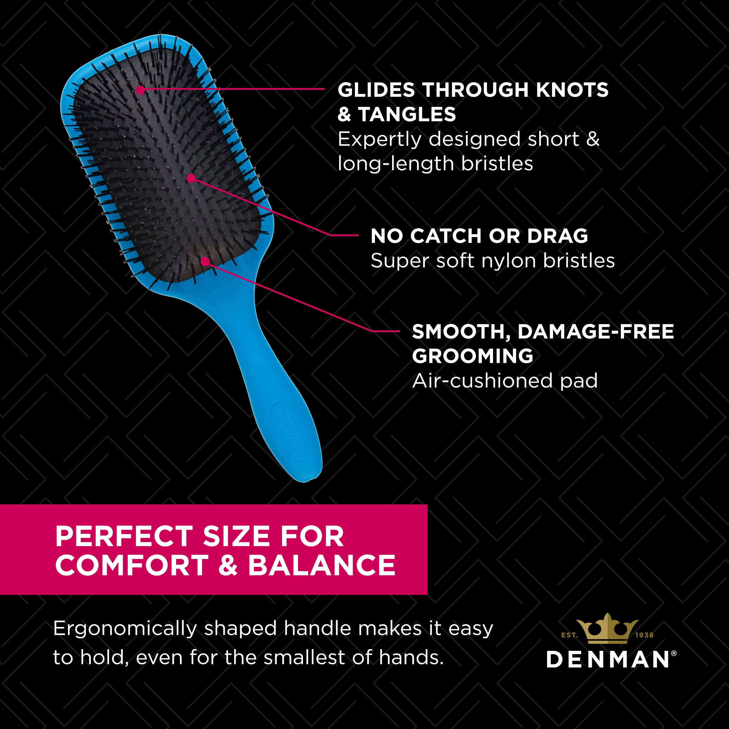 Denman Tangle Tamer Ultra (Blue) Detangling Paddle Brush For Curly Hair And Black Natural Hair - use with both Wet & Dry Hair, D90L