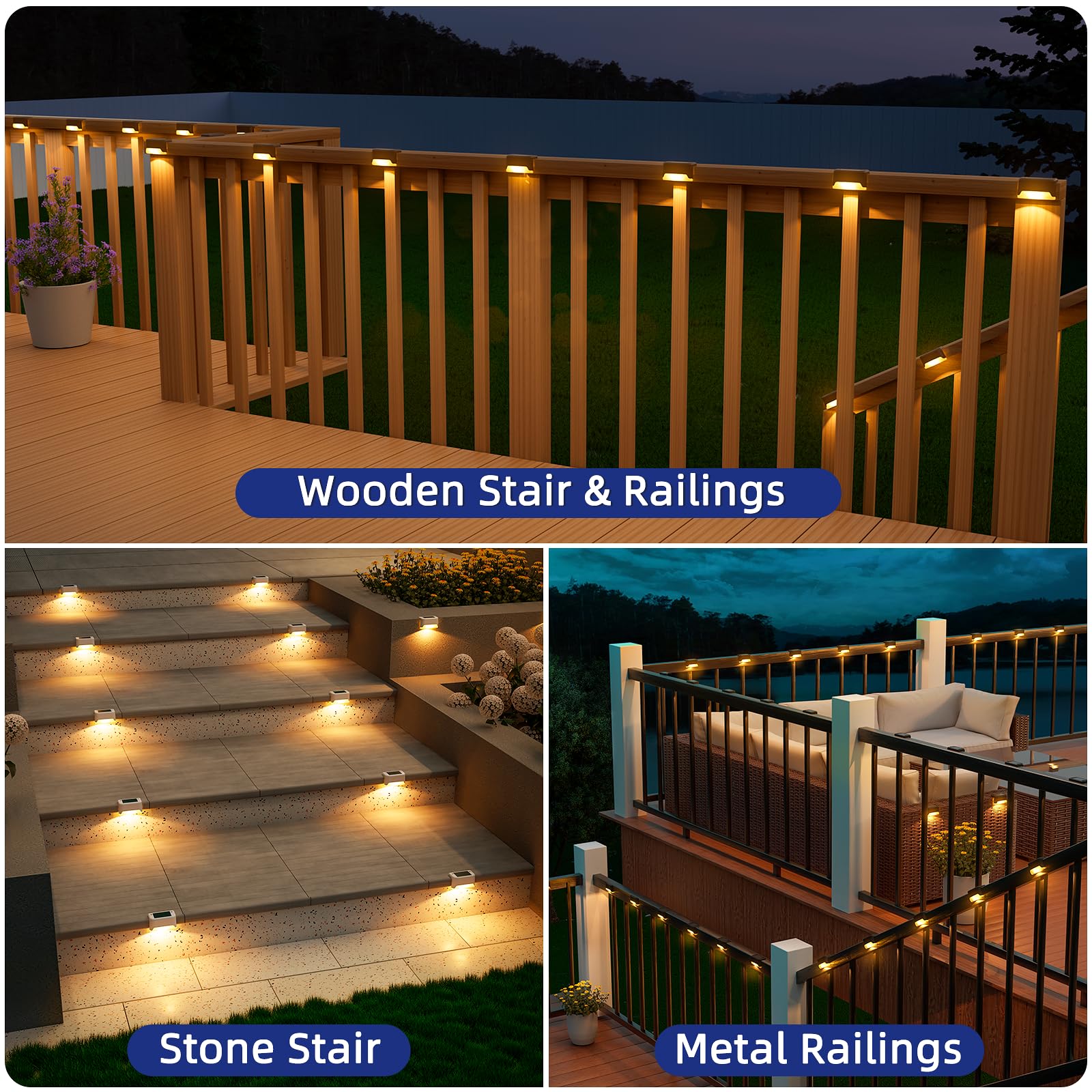 APONUO Solar Deck Lights 16 Pcs, Solar Step Lights Outdoor Waterproof Led Solar Fence Lamp for Steps,Fence,Deck,Railing and Stairs (Warm White)