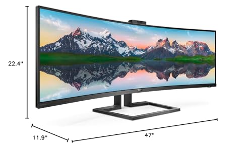 PHILIPS Brilliance 499P9H 49" SuperWide Curved Monitor, Dual QHD 5120x1440 32:9, USB-C Docking, KVM Switch, HDMI/DisplayPort, Windows Hello Pop-Up Webcam, SmartErgoBase, LightSensor