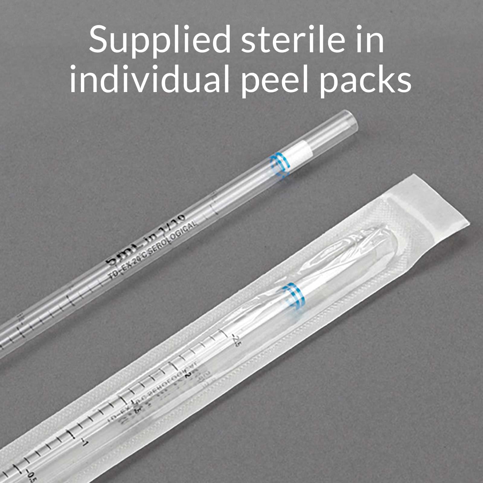 Globe Scientific 1740 Polystyrene UniPlast Serological Pipette, 5mL Capacity, Standard Tip, 296mm Length, Sterile, Blue Striped, Individually Wrapped (Case of 250)