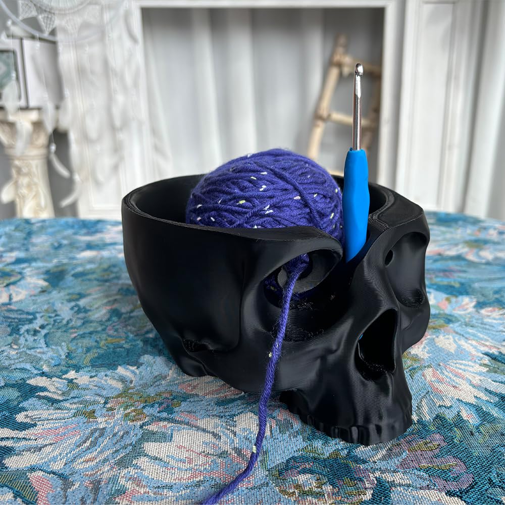 AXICIR Skull Head Bone Crochet Yarn Bowl Holder For Crocheting Knitting Accessories 3d Printed Halloween Decor (White)