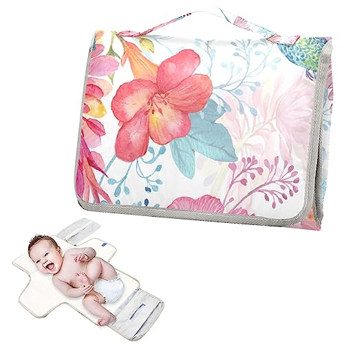 Flowers Birds Portable Baby Changing Pad Travel Diaper Changing Pad Foldable Waterproof Changing Station with Built-in Pillow for Baby Gifts Newborn