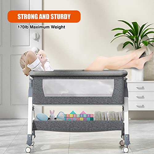 GJCOS Baby Bassinet Bedside Sleeper (Gray) - 3 in 1 Bedside Bassinet Cribs, Breathable Attached Mesh Side, Toddler Bassinet Attach to Bed, Adjustable & Convertible Bassinet Baby Co Sleeper for Bedside