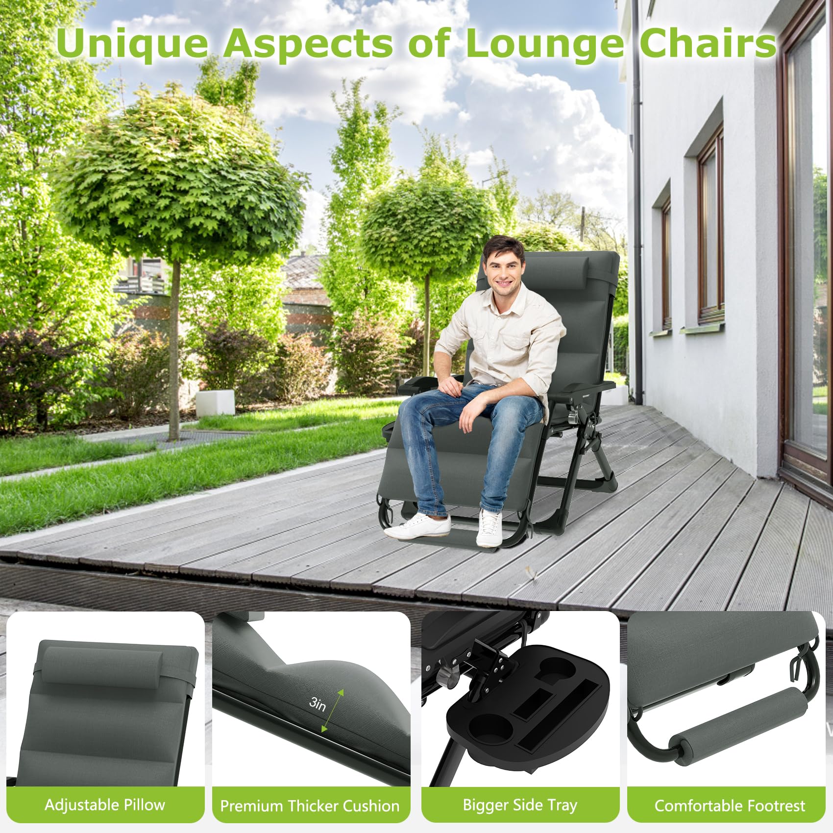Suteck Oversized Zero Gravity Chair XL Reclining Camping Chair w/Washable Cushion, Outdoor Lounge Chairs Patio Recliner with Large Cup Holder, Footrest, Padded Headrest, Support 500LBS, Grey