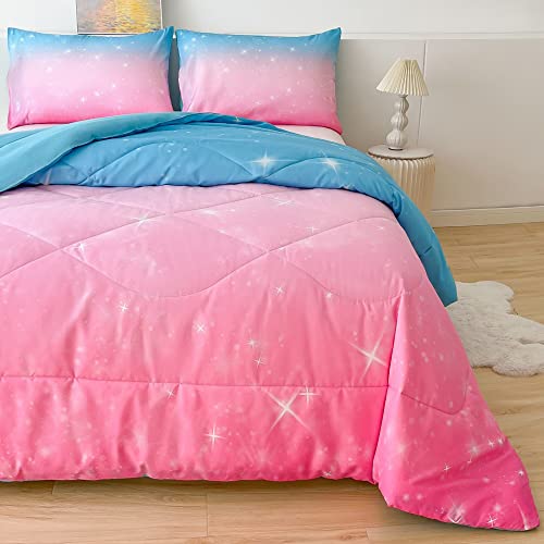 Rainbow Pink Glitter Stars Kids Comforter Set for Girls Queen Size Bedding Set 3 Piece Bed in A Bag Lightweight Quit Blue Gradient Sparkle Mermaid Galaxy Duvet Set for Kids Boys with 2 Pillowcases