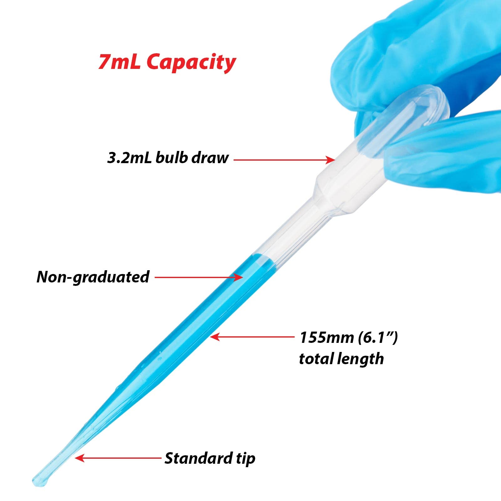 Globe Scientific 138080 LDPE General Purpose Transfer Pipet, Non-Sterile, Standard, 155mm Length, 7.0mL Capacity, Natural, 500 Count (Pack of 10)