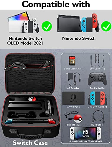 COOWPS Switch Carrying Case Compatible with Nintendo Switch and Switch OLED Model, with 21 Game Cards Storage Portable Full Protection Travel Case for Switch Console and Accessories, Black