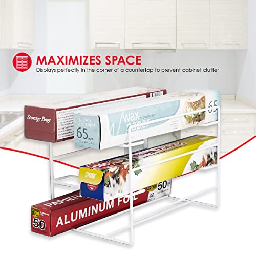 Home Basics 3 Tier Heavy Duty Kitchen Countertop or Cabinet Wrap Organizer for Food Wrap, Foil, Wax Parchment Paper, Plastic Bags White Finish