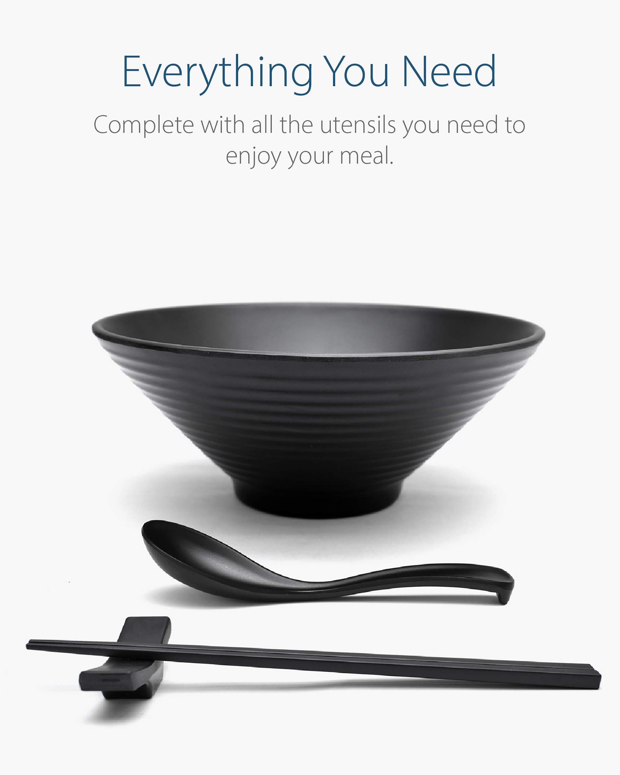APEX S.K. 4 Sets 30 Ounce Japanese Ramen Noodle Soup Bowl Melamine Hard Plastic Dishware Ramen Bowl Set with Matching Spoon and Chopsticks for Udon Soba Pho Asian Noodles