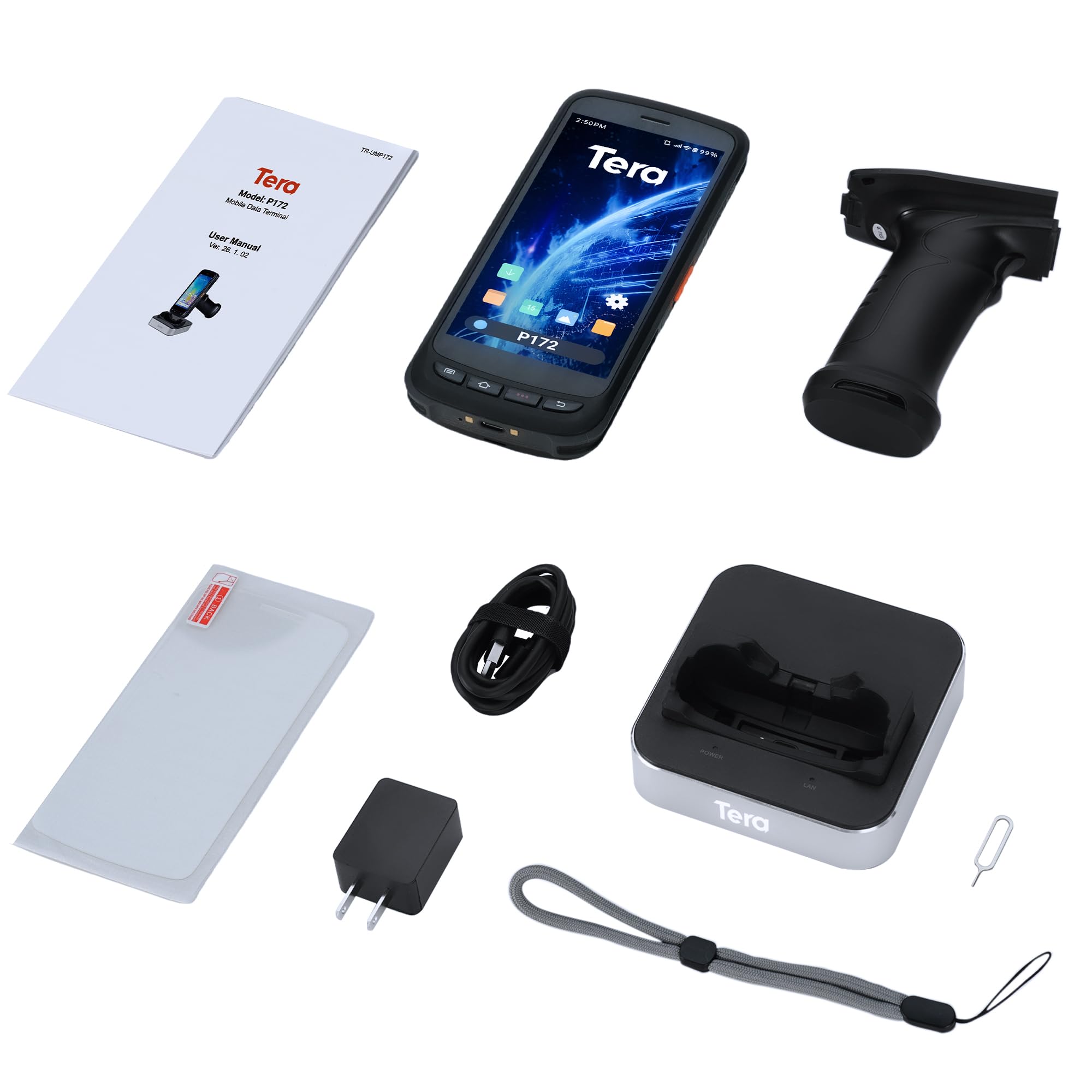 Tera Android 11 Barcode Scanner PDA: with Charging Cradle Pistol Grip 8000mAh Extra Large Battery Handheld Mobile Computer 5.2β Full Touch Screen Zebra 2D Scan IP65 Graded Inventory Scanner P172
