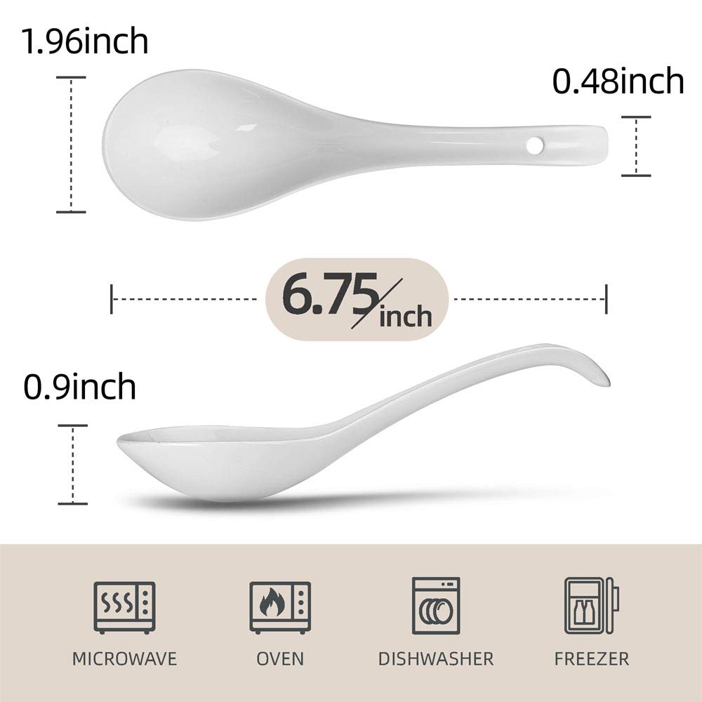 Artena 6oz Turquoise Solid Ceramic Chips and Dip Serving Platter with Acacia Wooden Tray & Bright White 6.75 inch Asian Soup Spoons Set of 6