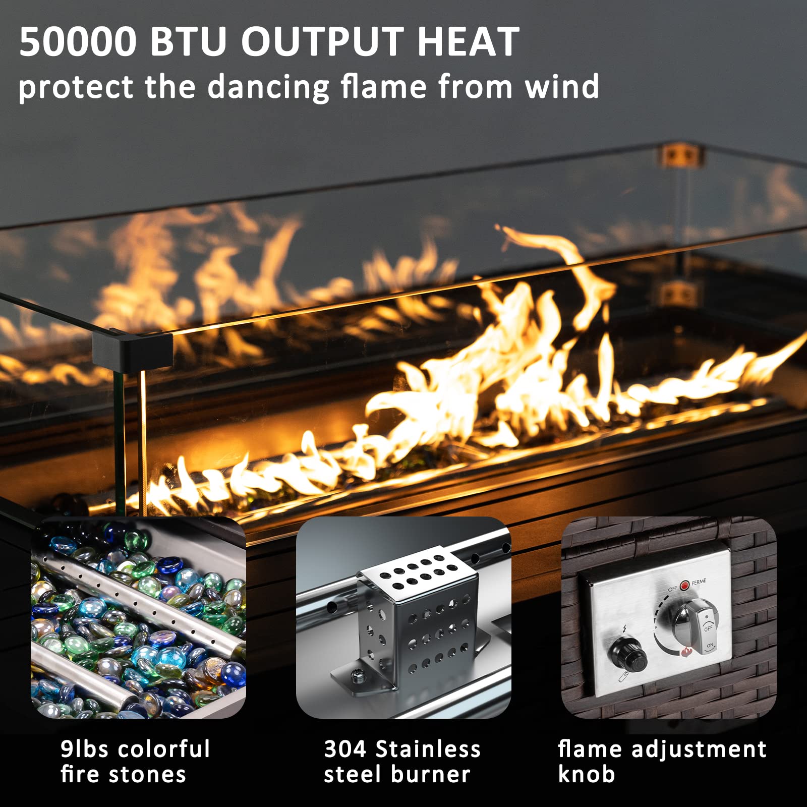 UDPATIO 8 Piece Patio Furniture Sets with Fire Pit Table, Rattan Outdoor Patio Furniture Sofa Sectional w/Gas Fire Pit, Coffee Table, 2 Waterproof Covers,for Patio Back Deck, Balcany, Poolside,Cream