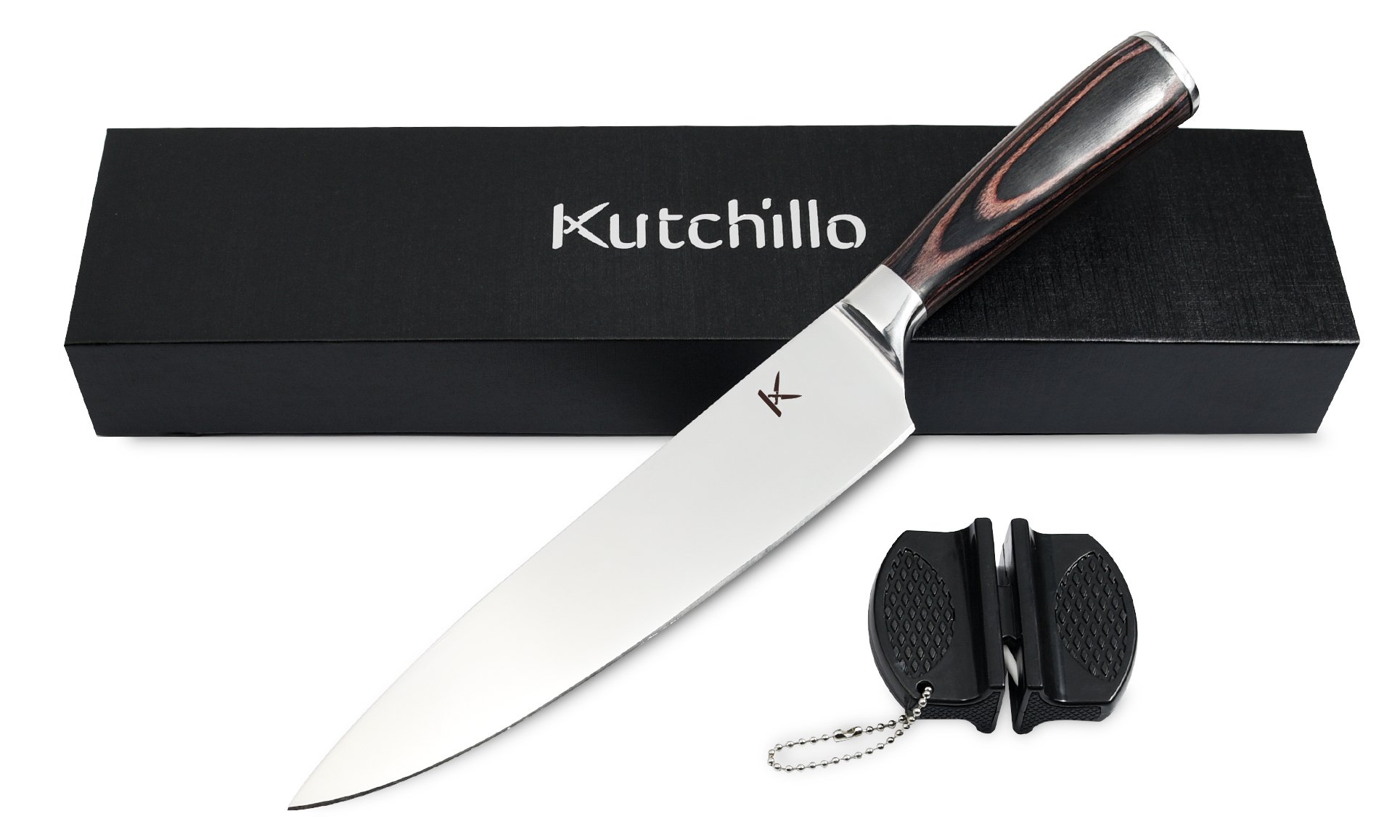 Kutchillo 8" High Carbon Stainless Steel Kitchen Chef Knife with Sharpener, Light-Weight and Well-Balanced, 2.5 mm blade thickness, Ergonomics