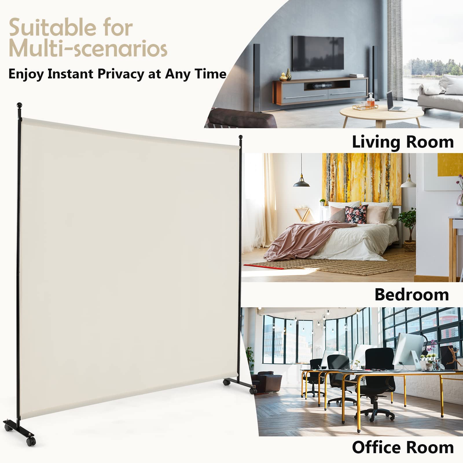 LDAILY 6FT Single Panel Rolling Room Divider, 73" Wide Partition Privacy Screen with Wheels, Freestanding Fabric Room Panel, Portable Wall Divider for Bedroom, Office, Hospital (White, 1-Panel)