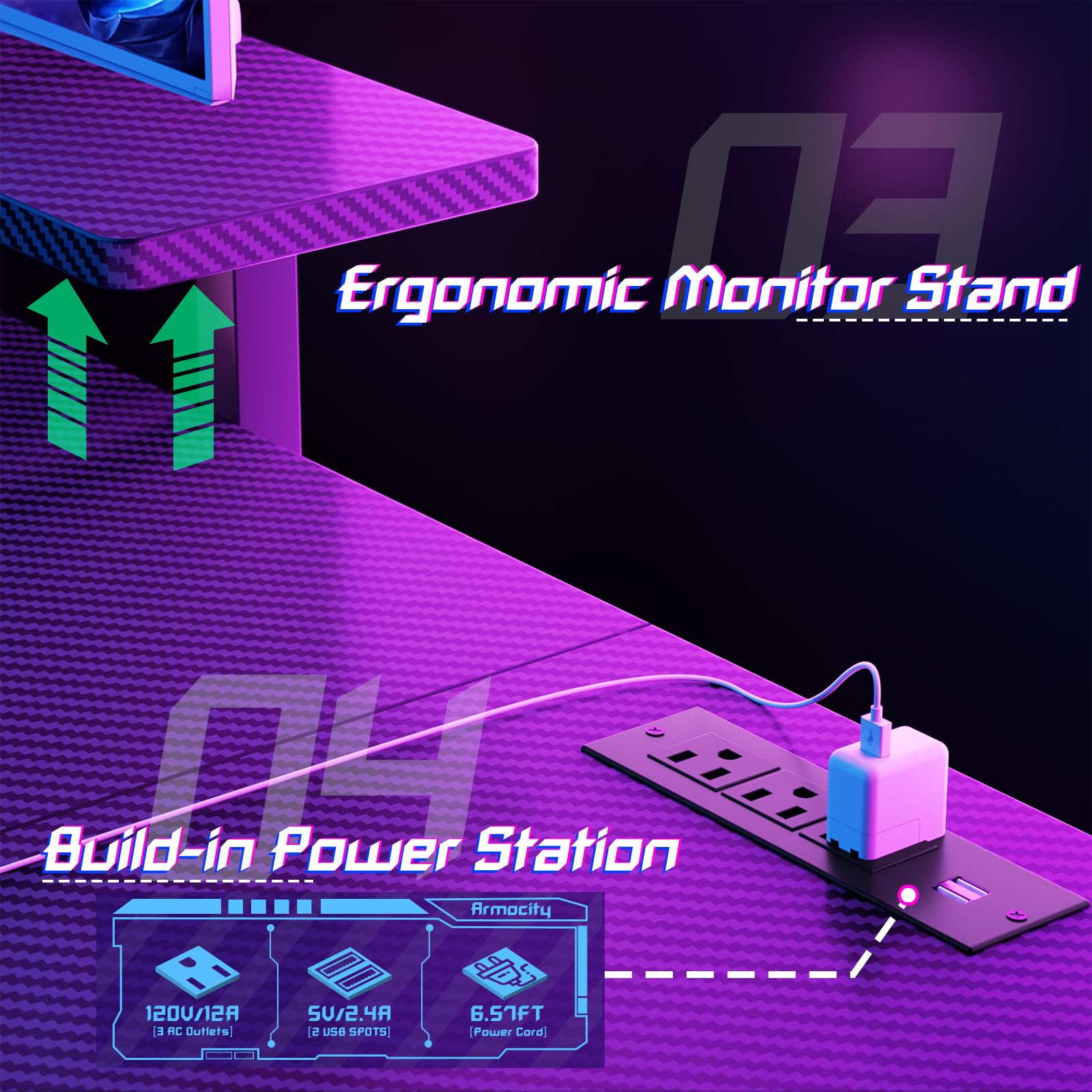 armocity Pink Gaming Desk with Power Outlets and LED Lights, Reversible L Shaped Gaming Desk with Shelves, 47"