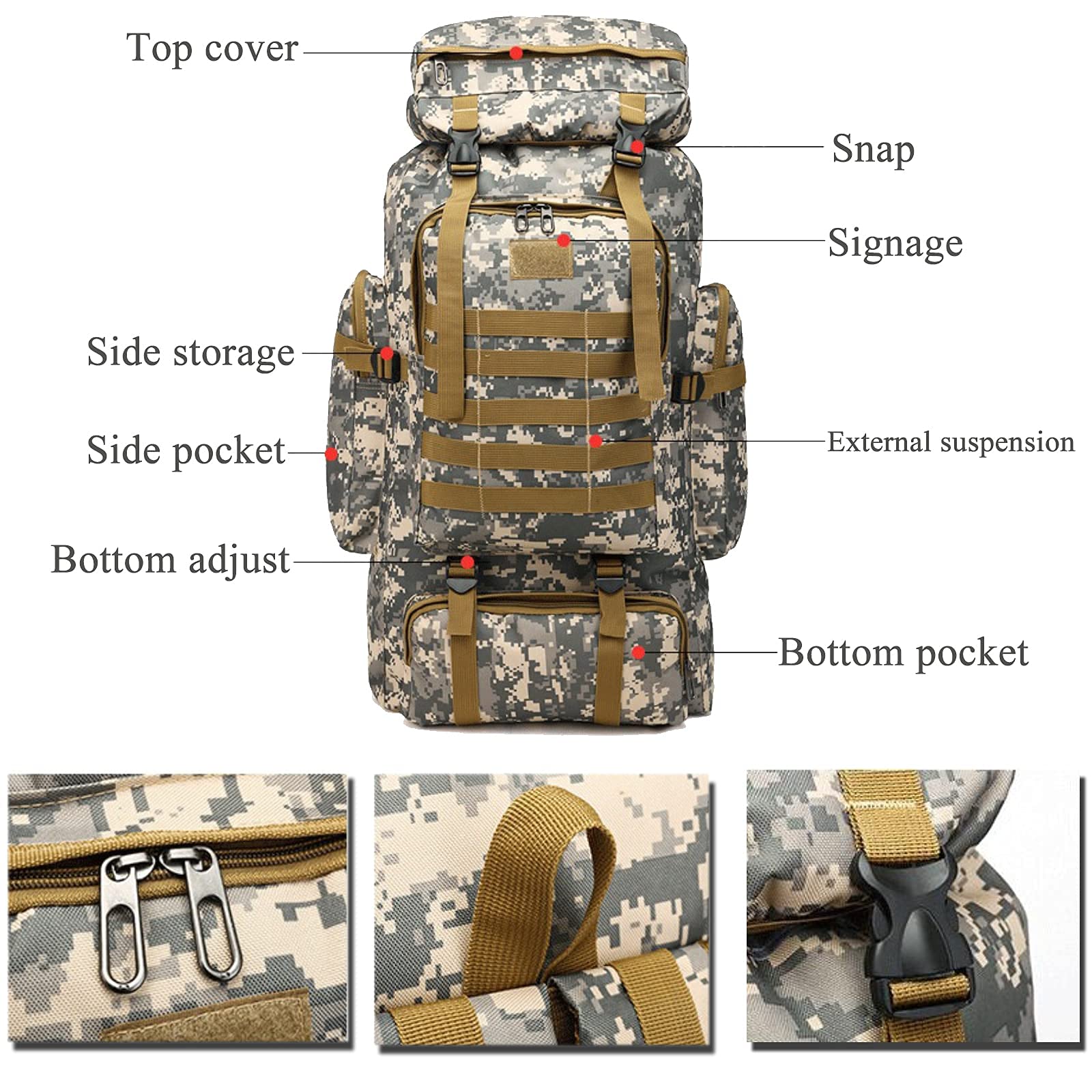 70L Waterproof Hiking Daypack Large Hiking Backpack, Hunting Camping Rucksack Backpack for Men Outdoor Sports Backpack (Plateau camouflage-5)