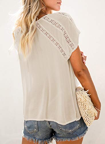 Dokotoo Womens Ladies 2023 Summer Sexy Lace V Neck Eyelet Short Sleeve Boho Shirts Spring Casual Loose Solid Chiffon Blouses for Women Tops Apricot 1X Large