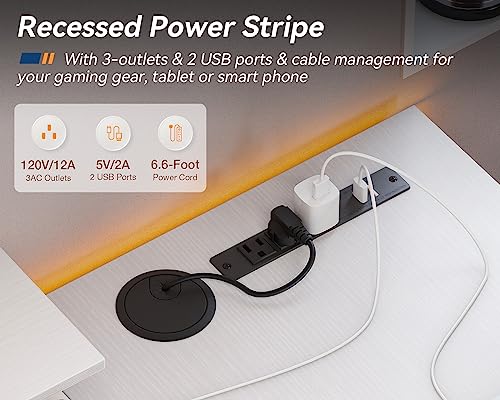 KKL Home Office Desk with File Drawer & 3 Power Outlets &2 USB Ports, 55'' L Shaped Desk with Storage Shelves, Printer Cabinet and Monitor Shelf, Computer Table Executive Desk Workstation, White