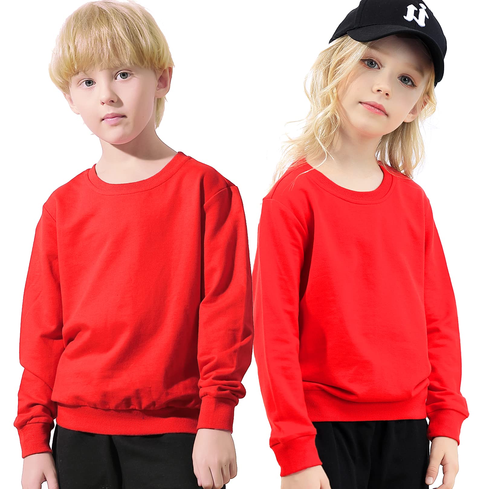 ALALIMINI Boys&Girls Crewneck Sweatshirts Toddler Kids Solid Cotton Long Sleeve Pullover Tshirts (Red, 5T)