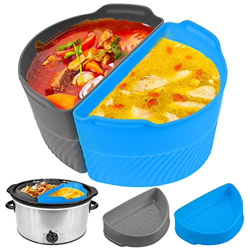 KKUYT Slow Cooker Liners Fit For 6QT Crockpot, Food-Grade Reusable Silicone Crock Pot Liners, Collapsible Cooking Liner Slow Cooker Accessories BPA Free, Dishwasher Safe to Use(Grey+Blue)
