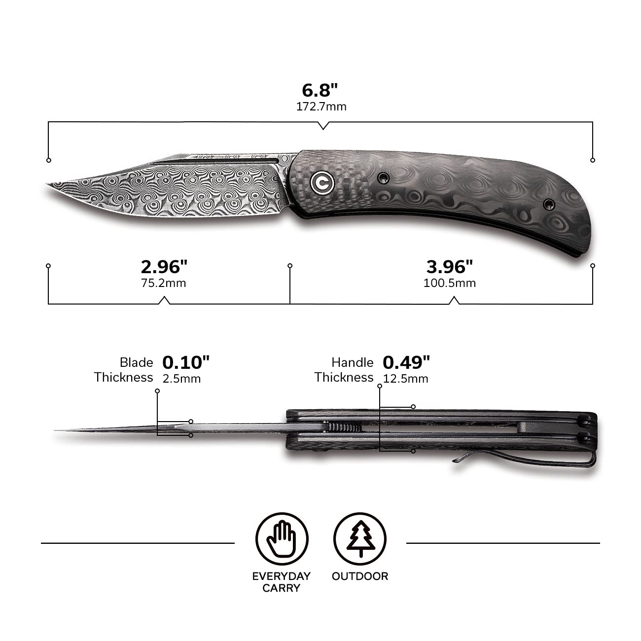 CIVIVI Damascus Pocket Knife for EDC, Appalachian Drifter II Folding Knife with 2.96" Clip Point Blade C19010C-DS3