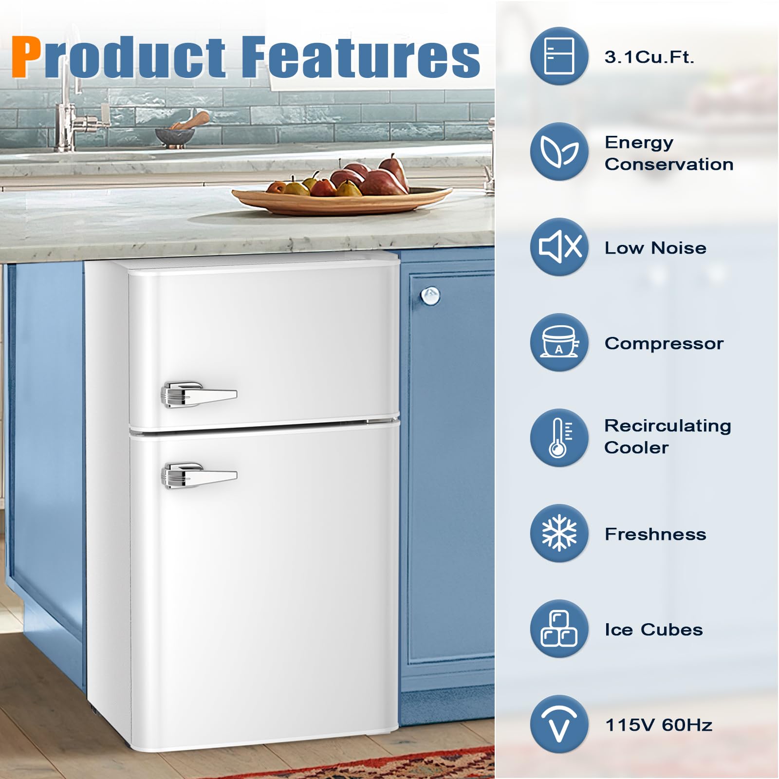Antarctic Star Mini Fridge 3.1Cu.Ft Compact Refrigerator 2-Doors Freezer Low Noise Defrost Storage of Beverages Vegetables Fruits Kitchen Living Room Office Dormitory White